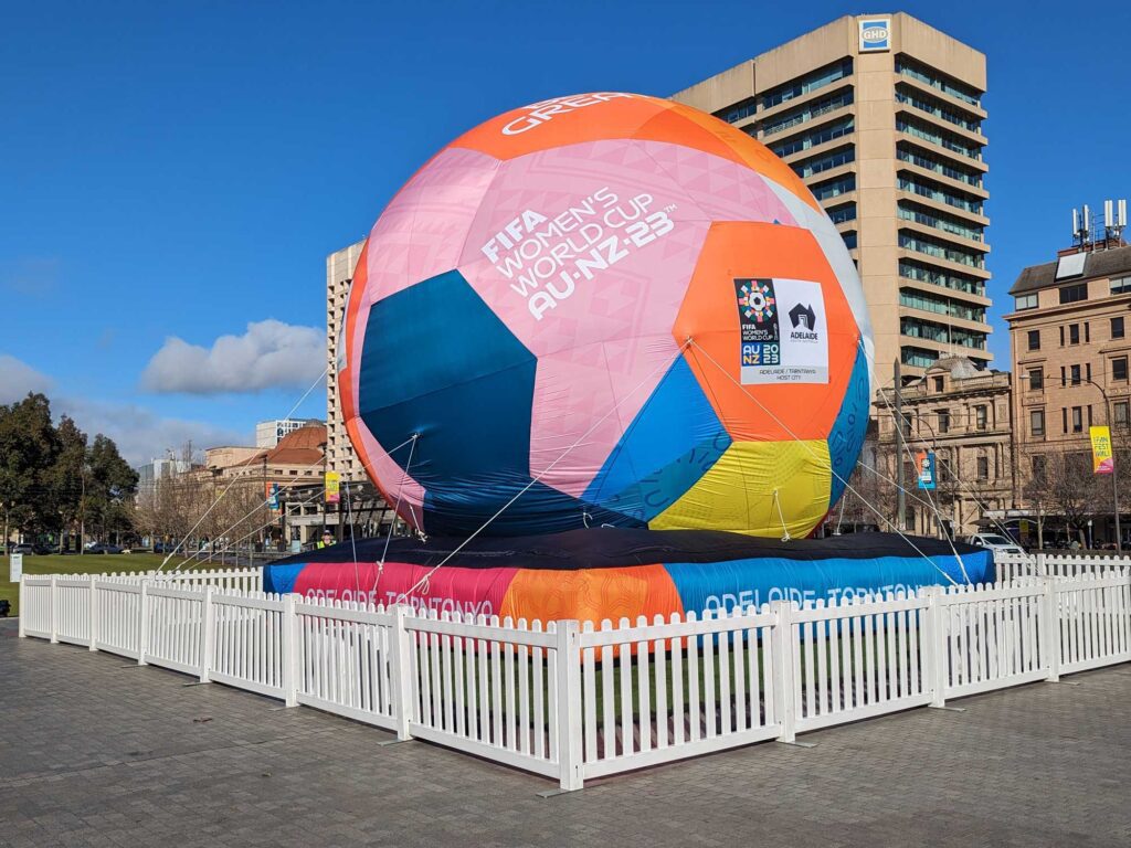 Versatile Eight-metre giant inflatable Soccer ball with re-brandable skin.